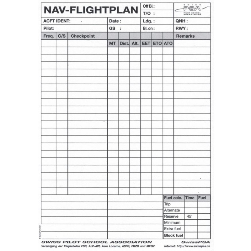 NAV Flightplan Form SWISSPSA, 5.00 CHF